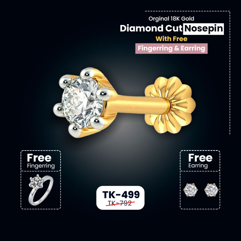 1 Stone Traditional 18K gold nosepin White with Free Finger Ring ...