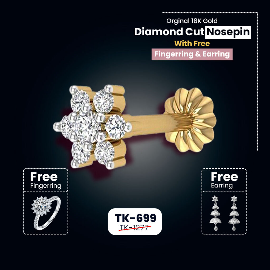 7 stone Traditional 18K gold Diamond Cut Nosepin with Free Finger Ring ...